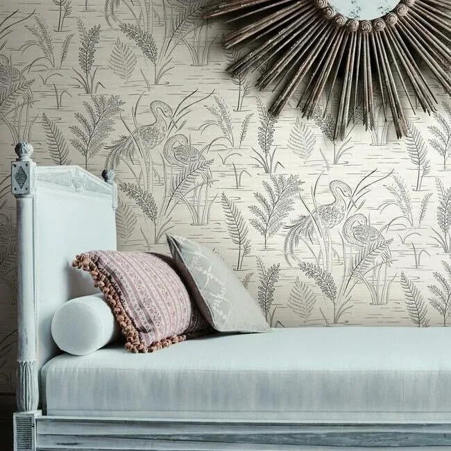 York Wallcoverings Fernwater Cranes Black & Grey Wallpaper | GR5953 ...